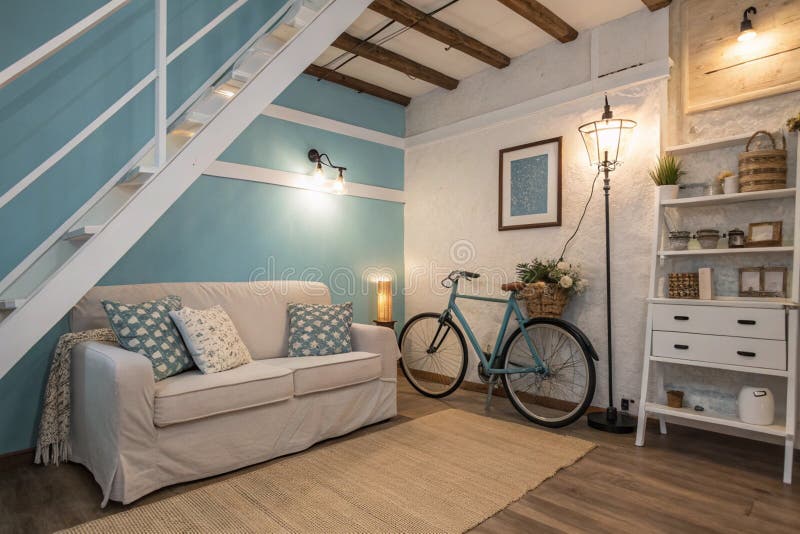 Cozy Blue and White Loft Interior with Sofa and Bicycle Stock Photo ...