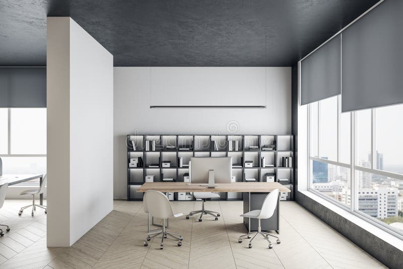 Cozy Boardroom Interior with Computer on Table Stock Illustration ...