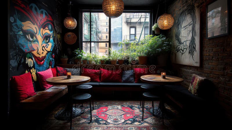 Cozy Bohemian Bar Interior with Red Pillows and City View Stock Image ...