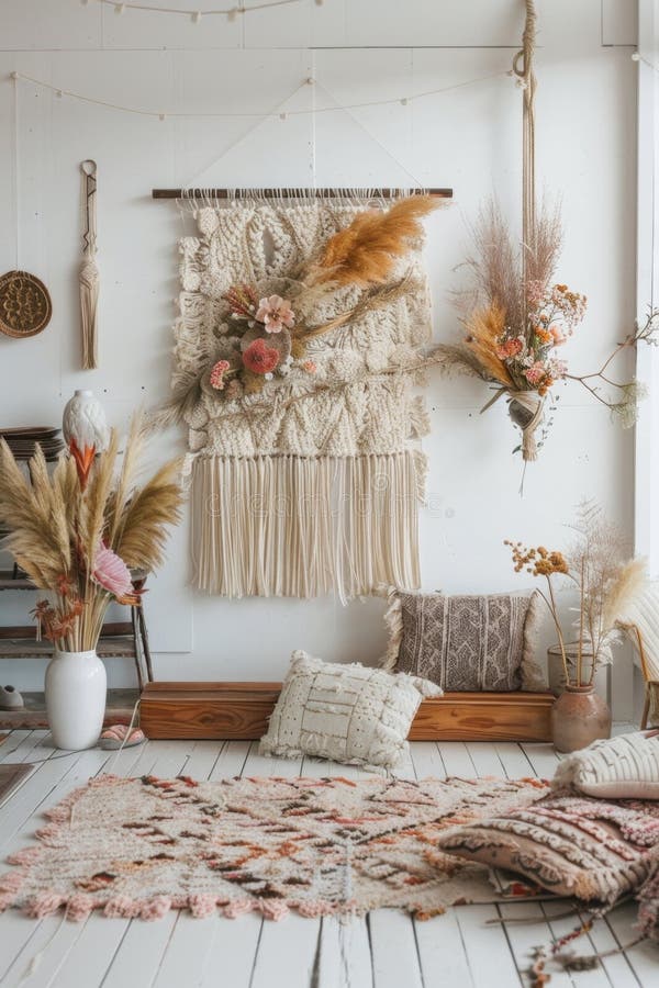 Cozy Bohemian Interior with Macrame Wall Art and Textured Decor. Boho ...