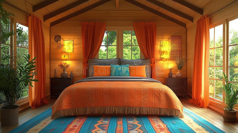 Cozy Boho Bedroom with Orange Accents, Forest View Stock Image - Image ...