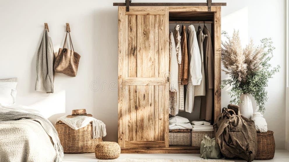 Cozy Boho Bedroom with Rustic Wooden Wardrobe and Neutral Decor ...