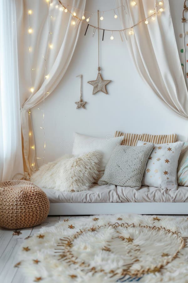 Cozy Boho Bedroom with String Lights and Star Decor Stock Image - Image ...
