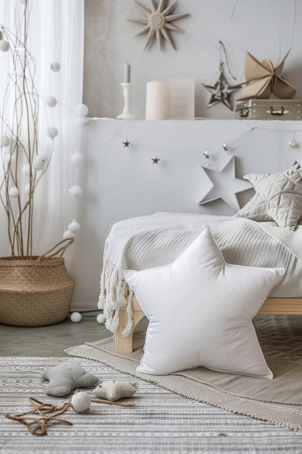 Cozy Boho Bedroom with String Lights and Star Decor Stock Photo - Image ...