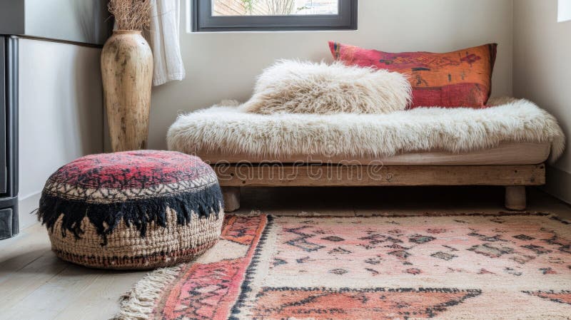 Cozy Boho Living Room with Red and Beige Rug Stock Illustration ...