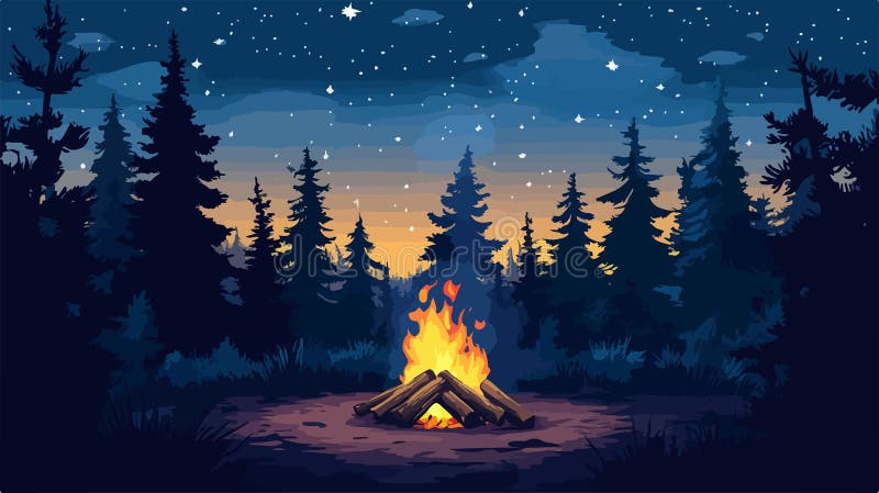Cozy Bonfire Night in Enchanted Spruce Forest Vector Illustration Stock ...