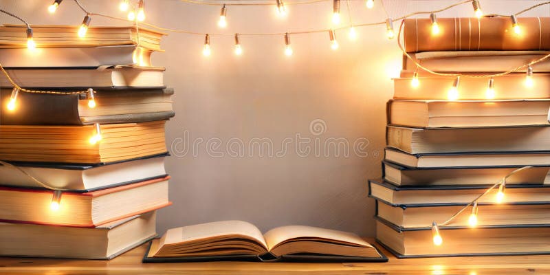 Cozy Book Fair Banner with Stacks of Books Stock Photo - Image of ...