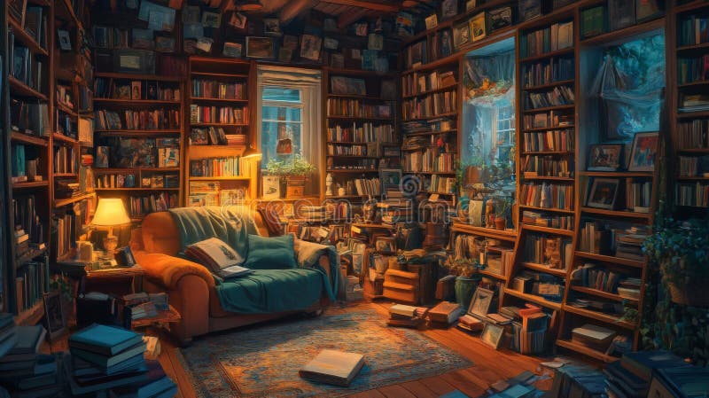 Cozy Book Filled Room with Warm Lighting Stock Illustration ...