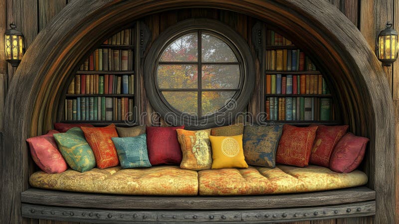 Cozy Book Nook with Cushioned Seating and a Round Window Stock ...