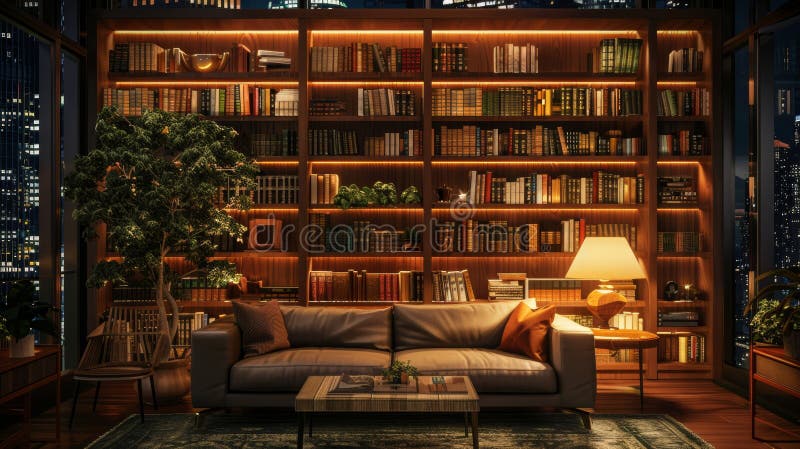 Cozy Bookcase Background with Sofa and City View for Virtual Meetings ...