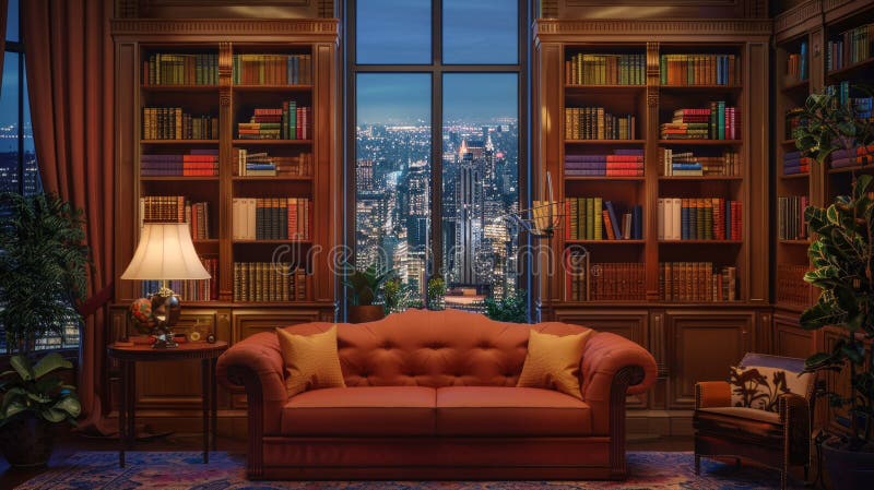 Cozy Bookcase Background for Virtual Meetings Featuring Sofa, Table ...