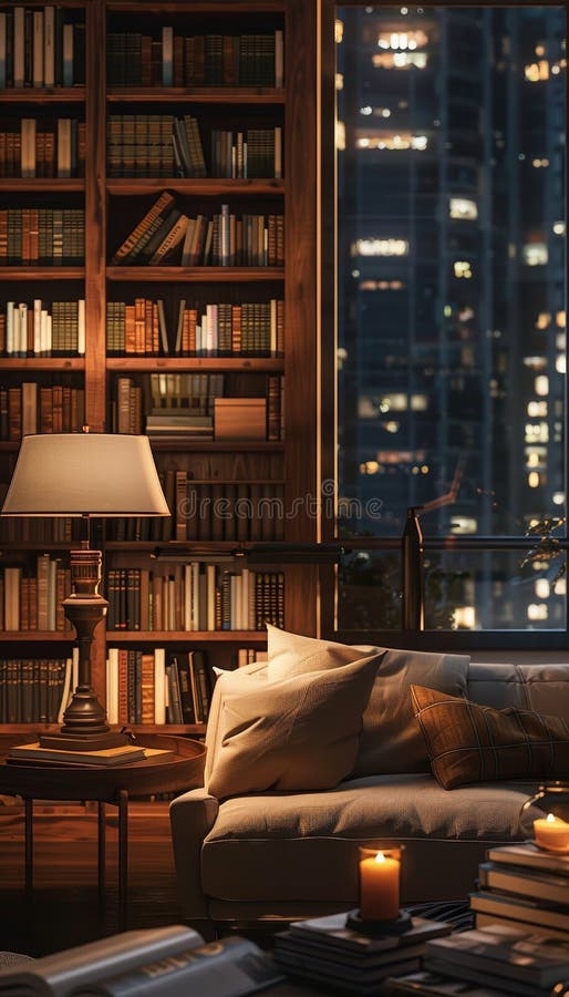 Cozy Bookcase Setup for Virtual Meetings with Sofa, Soft Lighting, and ...