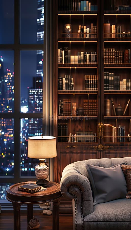 Cozy Bookcase Setup for Virtual Meetings with Sofa, Soft Lighting, and ...