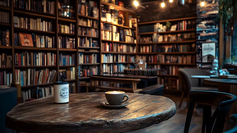 Cozy Bookstore Cafe Interior with Coffee Cup on Rustic Wooden Table ...