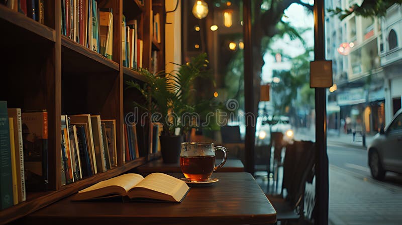 Cozy Bookstore Cafe Interior with Open Book and Tea Stock Photo - Image ...