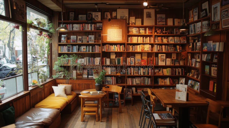 Cozy Bookstore Interior with Bookshelves, Seating, and Natural Light ...