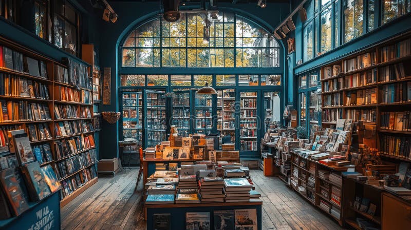 Cozy Bookstore Interior with Large Windows Stock Illustration ...