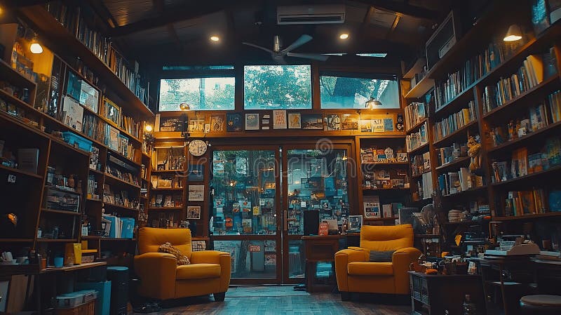Cozy Bookstore Interior with Large Windows, Filled with Bookshelves ...