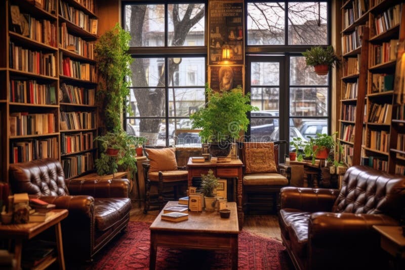 A Cozy Bookstore with Windows Revealing Shelves of Books Stock ...