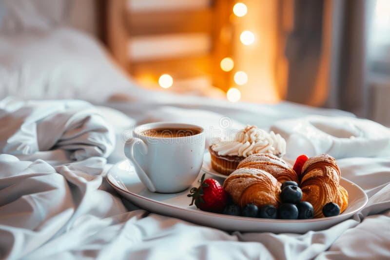 Cozy Breakfast in Bed with Coffee and Pastries Stock Photo - Image of ...