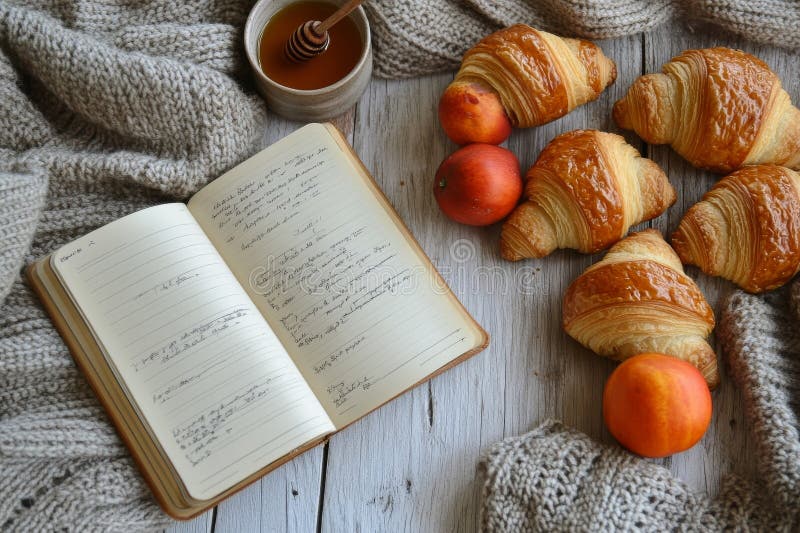 A Cozy Breakfast with Croissants, Tea, and an Open Notebook on a Rustic ...