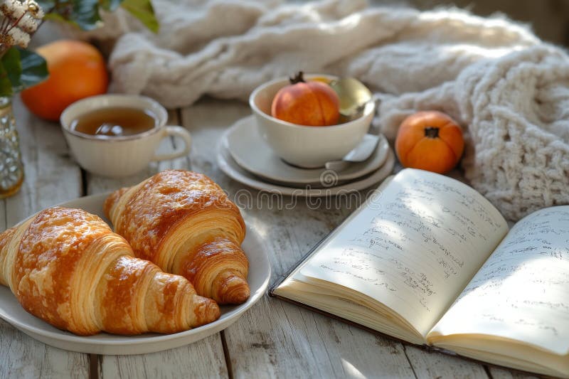 A Cozy Breakfast with Croissants, Tea, and an Open Notebook on a Rustic ...