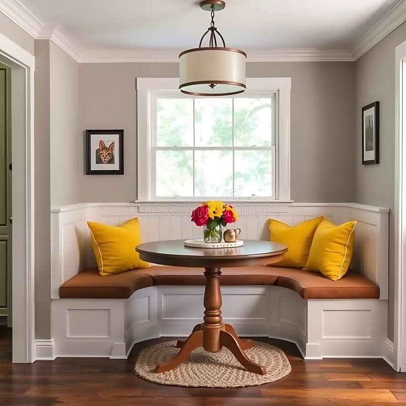 A Cozy Breakfast Nook with a Built in Bench, a Round Table, and Bright ...