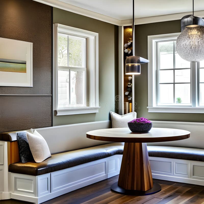 A Cozy Breakfast Nook with a Built-in Bench, a Round Table, and Pendant ...