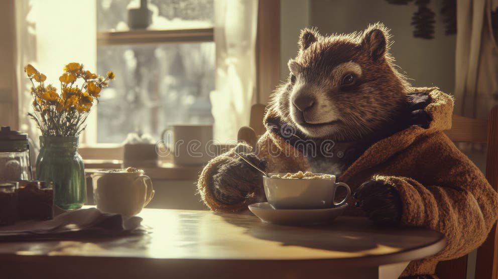A Cozy Breakfast Nook Featuring a Grumpy Groundhog in a Digital Stock ...