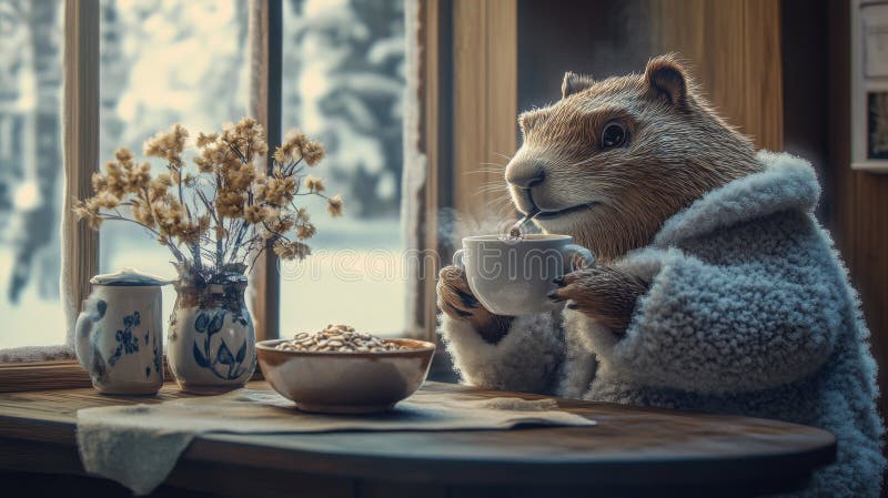 A Cozy Breakfast Nook Featuring a Grumpy Groundhog in a Digital Stock ...