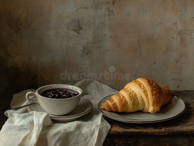 A Cozy Breakfast Scene Featuring a Croissant and a Bowl of Berry Jam ...