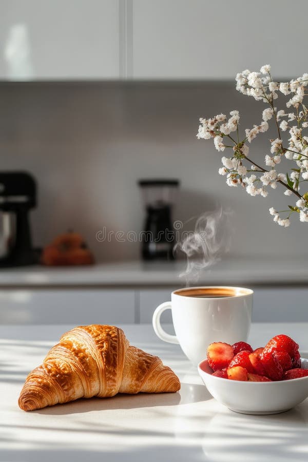A Cozy Breakfast Scene Featuring a Croissant, Coffee, and Fresh Fruit ...
