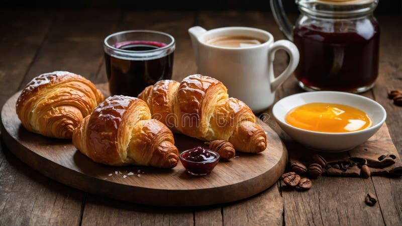A Cozy Breakfast Scene Featuring Croissants, Coffee, and Jam on a ...