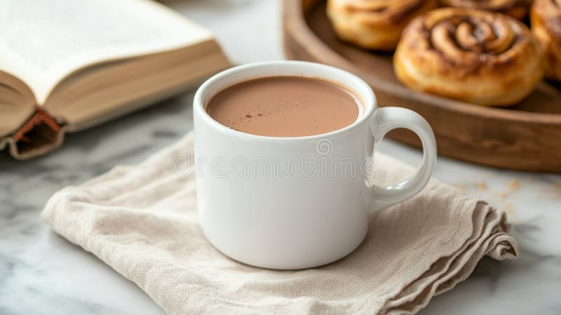 Cozy Breakfast Scene with Hot Cocoa, Open Book, and Cinnamon Rolls ...