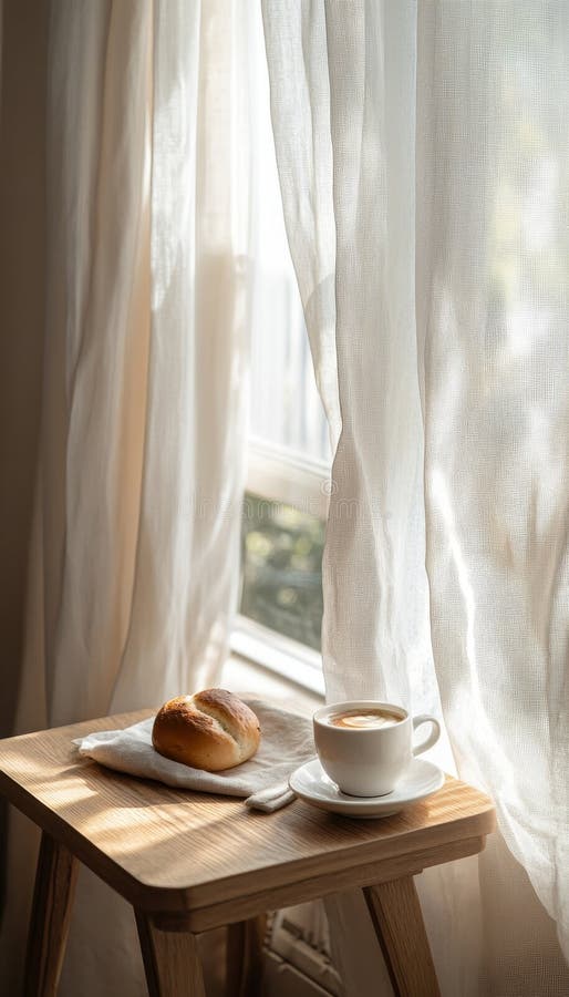 Cozy Breakfast Scene by the Window with Coffee and Bun in Soft Morning ...