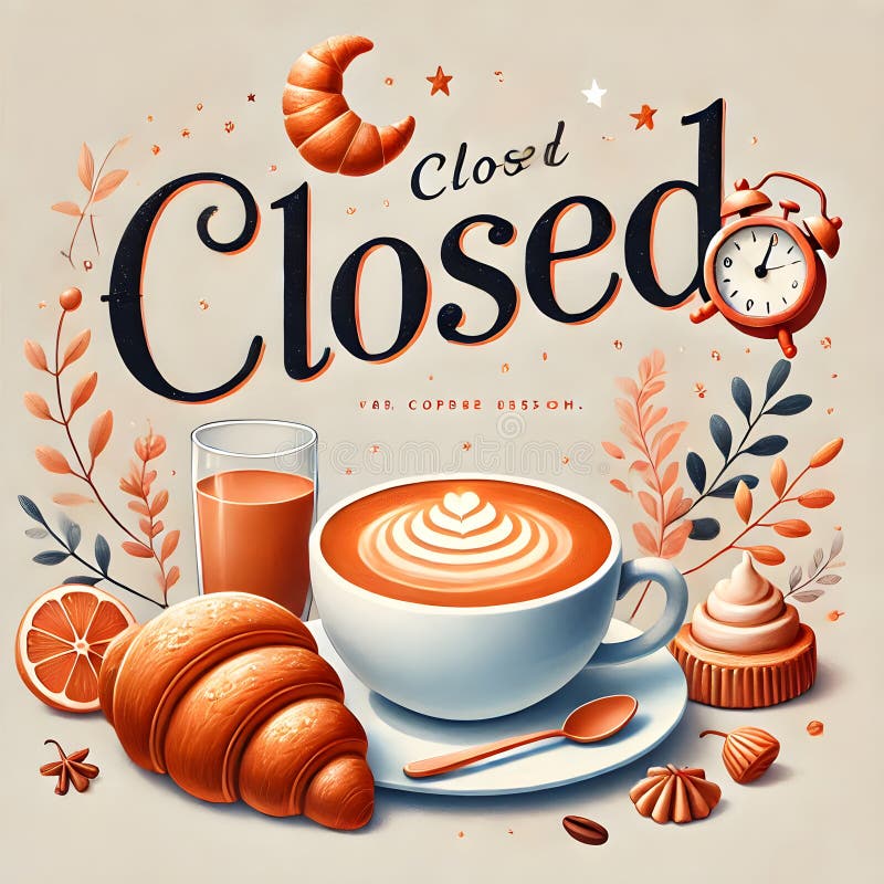 Cozy Breakfast Setting with Coffee and Pastry with Word Closed Stock ...