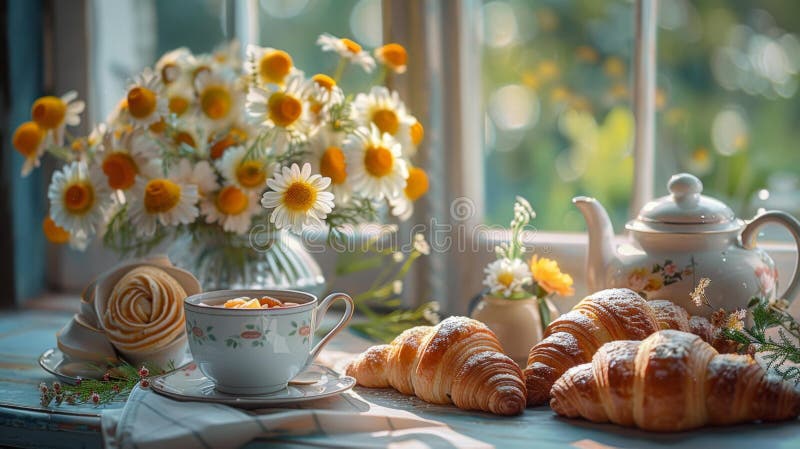 Cozy Breakfast Setting with Croissants and Flowers - Generative Ai ...