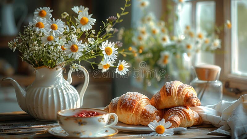 Cozy Breakfast Setting with Daisies - Generative Ai Stock Illustration ...