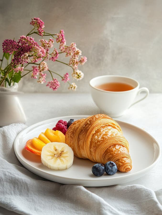 A Cozy Breakfast Setting Featuring a Croissant, Fruits, and Tea with ...
