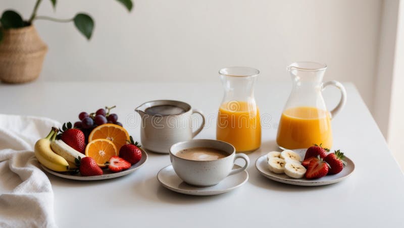 Cozy Breakfast Setting with Fresh Fruits and Beverages. Stock Photo ...