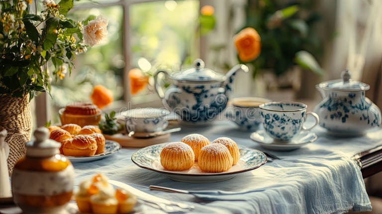 Cozy Breakfast Setting with Fresh Pastries and Tea on a Table Stock ...