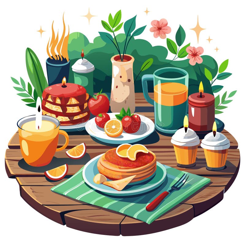 A Cozy Breakfast Setting with Pancakes, Bacon, Coffee, Juice, and ...