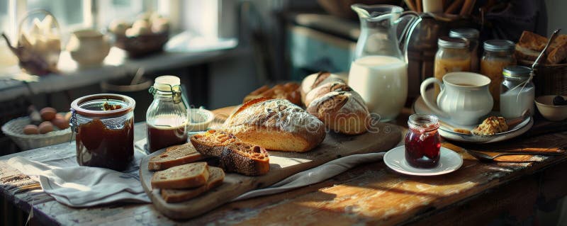 A Cozy Breakfast Setting with a Variety of Bread, Jam Jars, and a Cup ...