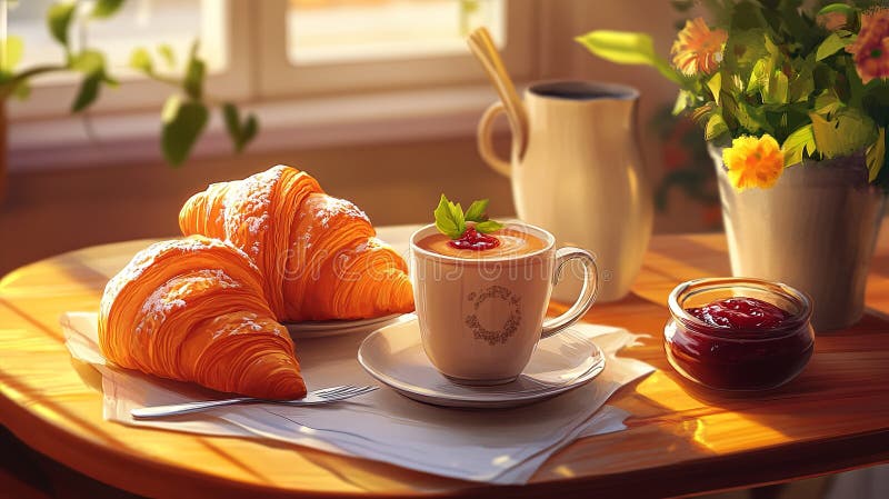 A Cozy Breakfast Setup with Croissants, Jam, and a Latte. Picture Stock ...