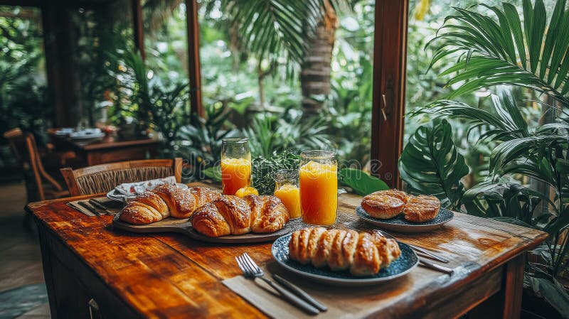 Tropical Breakfast Setting with Fresh Pastries and Orange Juice Amidst ...