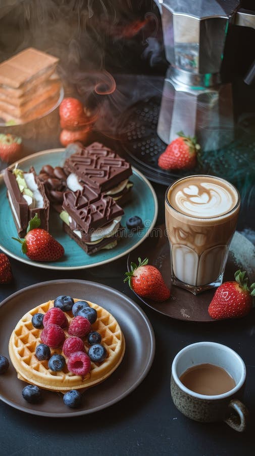 Cozy Breakfast Spread with Waffles, Coffee, and Chocolate Treats Stock ...