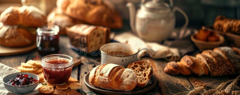 A Cozy Breakfast Table with Assorted Bread, a Cup of Coffee, and Jam ...