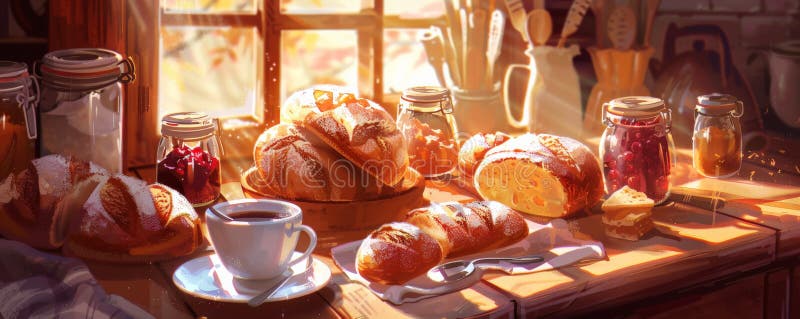 A Cozy Breakfast Table with Assorted Bread, a Cup of Coffee, and Jam ...