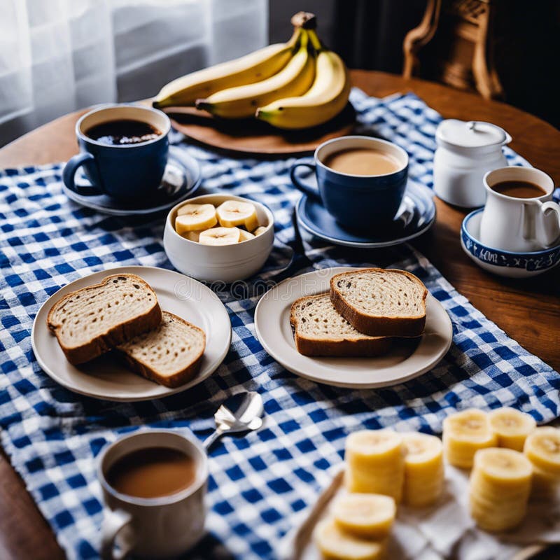 A Cozy Breakfast with Toast, Honey and Bananas on a White and Blue ...