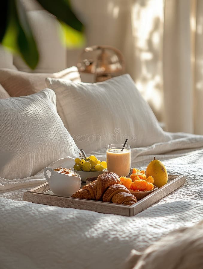 A Cozy Breakfast Tray on a Bed Featuring Croissants, Fruit, and a Drink ...